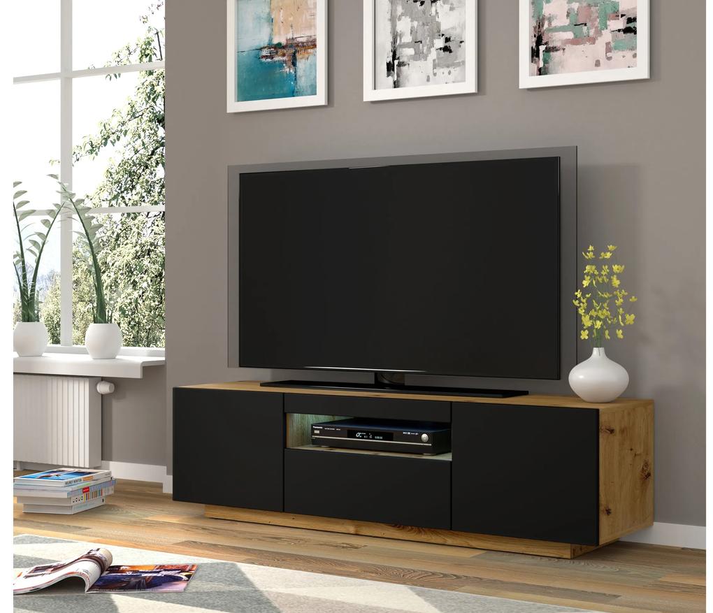 TV stolek/skříňka Aurinko 150 (dub artisan + matná černá) (s osvětlením). 1083423