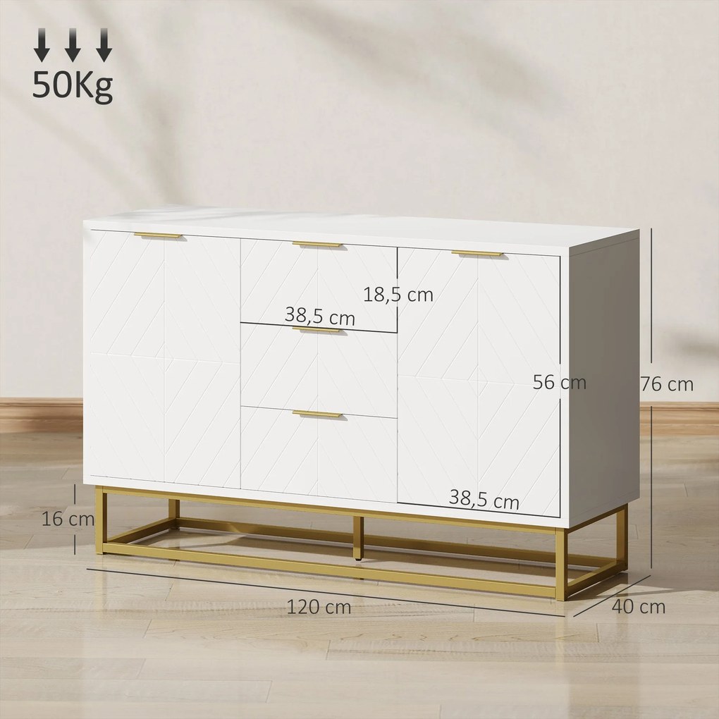 HOMCOM Moderní Komoda se 3 Zásuvkami, 2 Dveřmi a Regulovatelnou Policí pro Obývací Pokoj a Kuchyň, 120x40x76 cm, Bílá