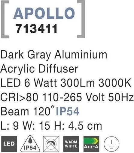 NV 713411 Venkovní nástěnné svítidlo APOLLO tmavě šedý hliník akrylový difuzor LED 5W 3000K 110-265V 120st. IP54 - NOVA LUCE