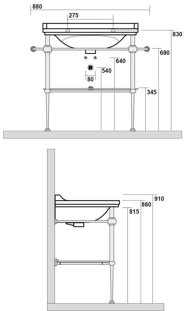 Kerasan WALDORF konstrukce pro retro umyvadlo 80cm se skleněnou poličkou, chrom 9197K1