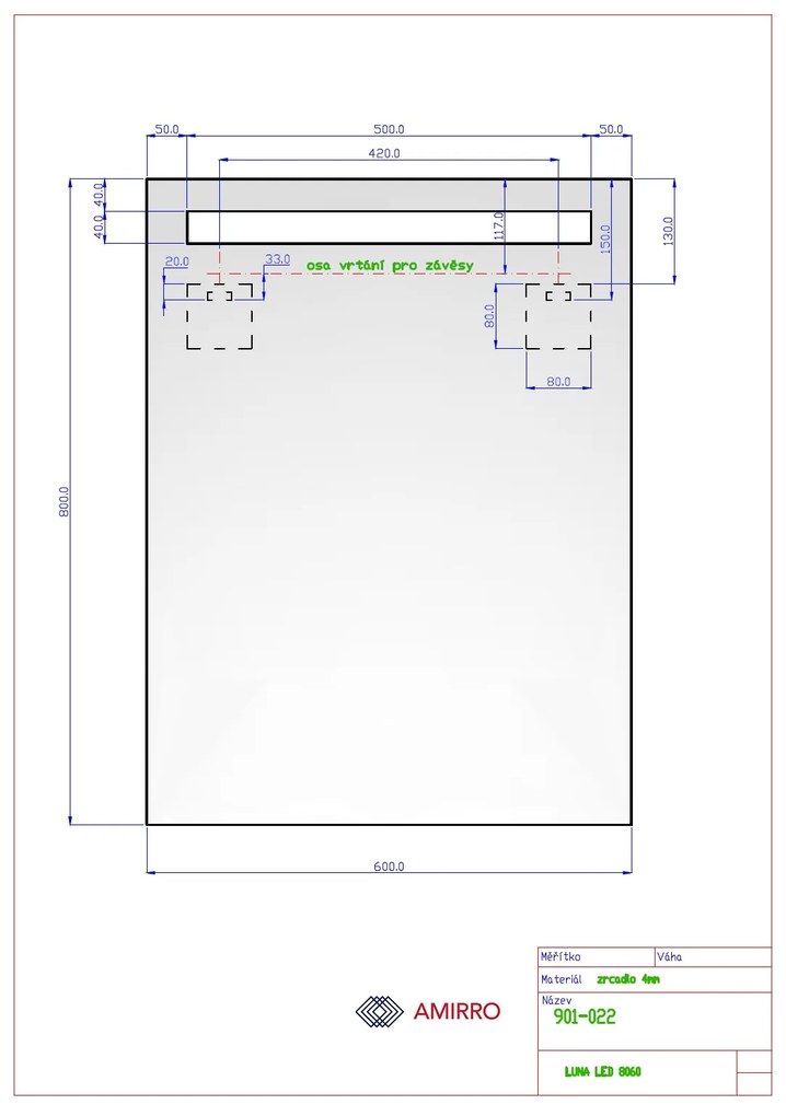 Amirro Zrcadlo na zeď chodbu do pokoje ložnice předsíně koupelny LUNA LED - 60 x 80 cm s LED podsvíceným pruhem 901-022