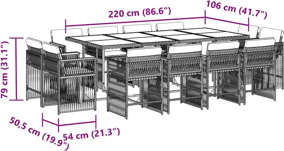 13dílný zahradní jídelní set s poduškami šedý polyratan 3211760