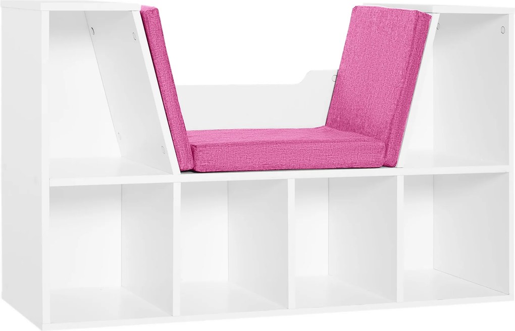 HOMCOM Moderní Design 2-v-1 Knihařská Lavice s 6 Úložnými Prostředky a 3 Polštářky 102L x 30W x 61H cm Bílá Růžová