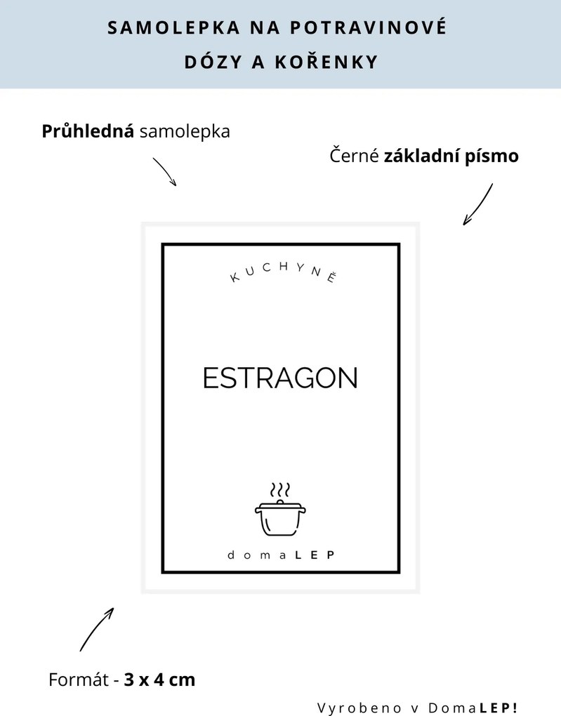 Samolepka na kořenky ESTRAGON průhledná 3 × 4 cm základní písmo