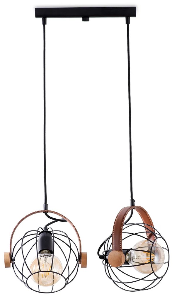 Light for home - Závěsné svítidlo na lanku 60466 "LEON", 2x60W, E27, černá, hnědá kůže