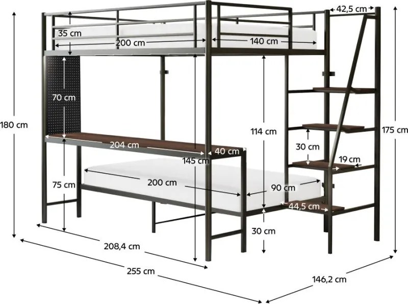Patrová postel, černá, kov, 90x200, NIVARA Kondela 0000416498