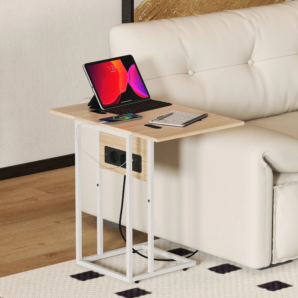 HOMCOM Skládací příruční stolek, nabíjecí stanice s USB porty, kov, 39 x 29 x 57 cm, barva dřeva