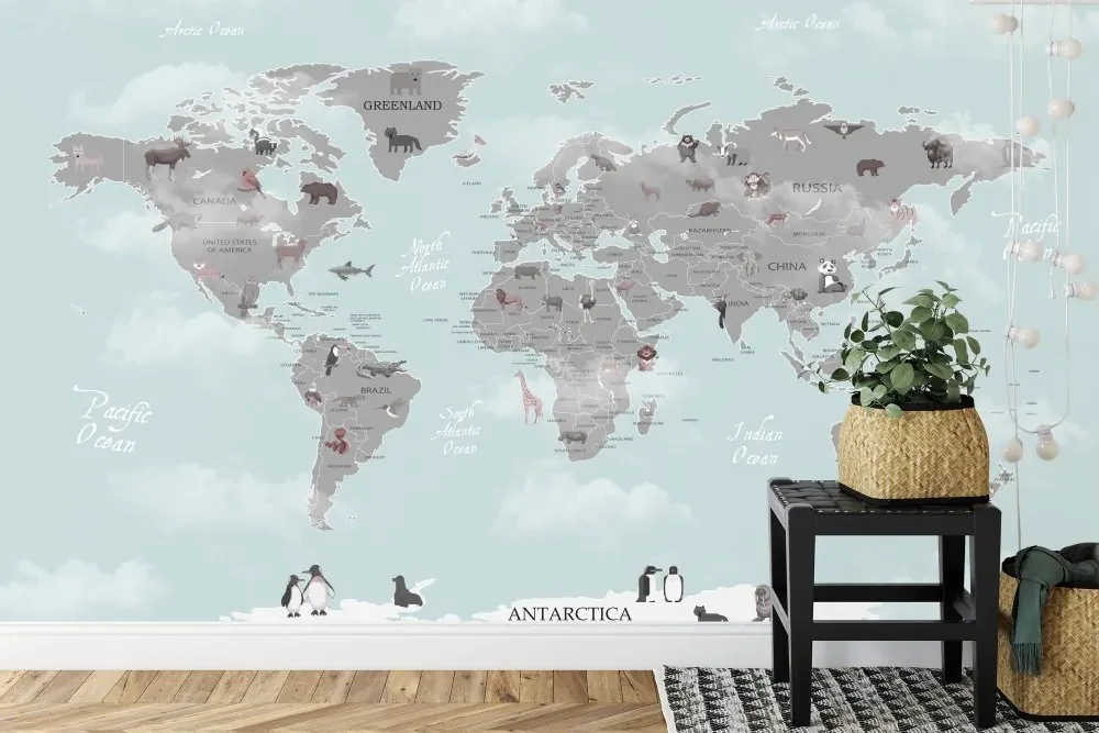 Fototapeta Animals World Map For Kids Wallpaper Design Vliesová tapeta ...
