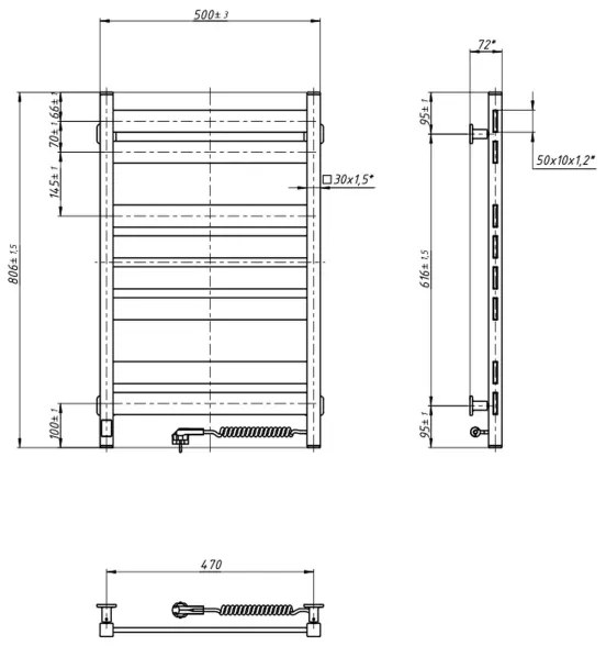 Koupelnový žebříkový radiátor s term. LARGO 432W/230V 80,6 cm IP44 černá pravá