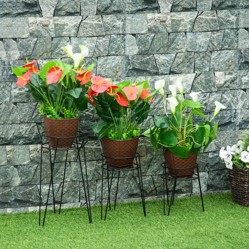 Sada 3 kovových stojanů na květiny Outsunny pro květináče do Ø16 cm, elegantní stojan na květiny v černé barvě