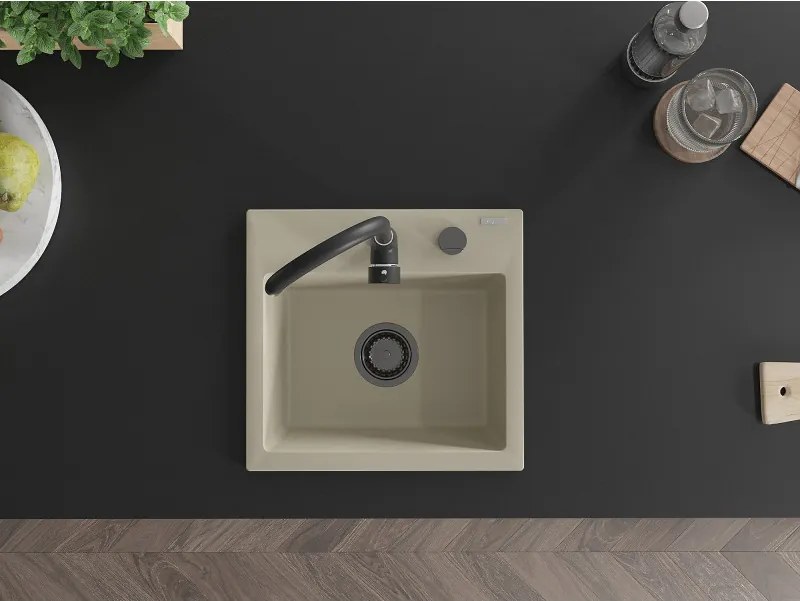 Mexen Milo, granitový dřez 435x410x171 mm, 1-komorový, béžová s černým sifonem, 6505441000-69-B