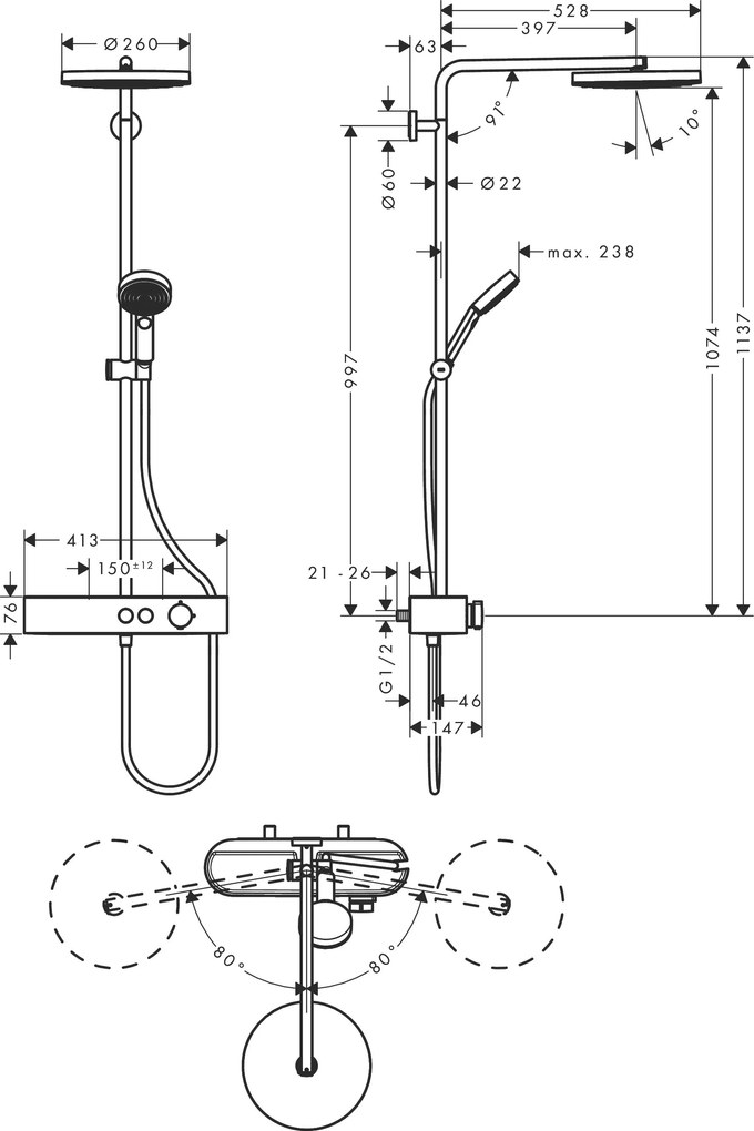 Hansgrohe Pulsify S, Showerpipe 260 1jet s termostatem ShowerTablet Select 400, bílá matná, HAN-24220700