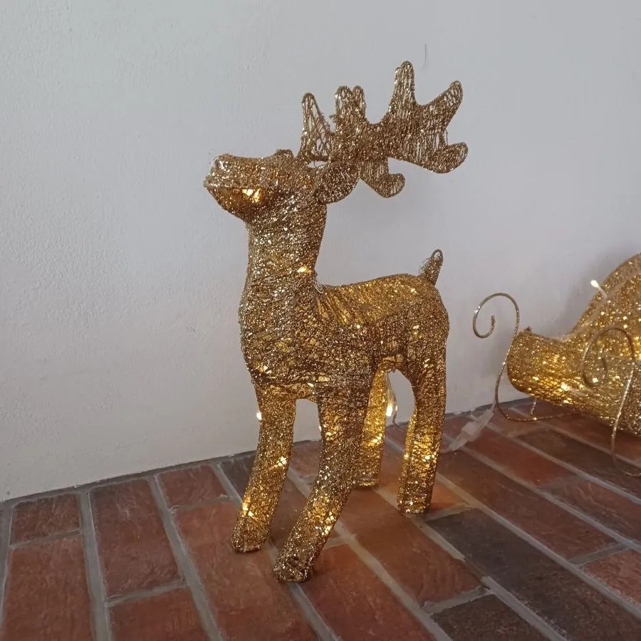 3D LED svítící jelen se sáněmi, 40 cm, teple bílá, hliník, vč. trafa