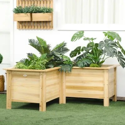 Outsunny rohový vyvýšený dřevěný záhon ve tvaru L s netkanou vložkou, venkovní záhon pro zeleninu a květiny, 120 × 120 × 50 cm, přírodní