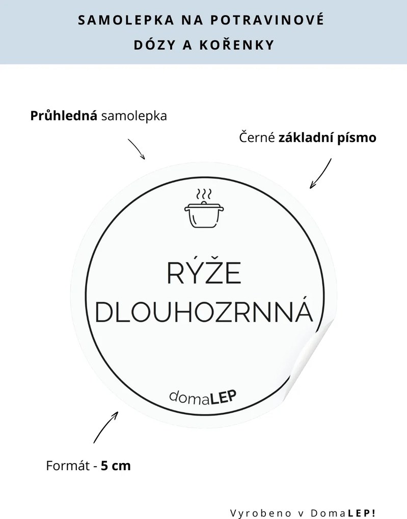 RÝŽE DLOUHOZRNNÁ – průhledná samolepka na dózu, základní písmo, 5 cm | DomaLEP