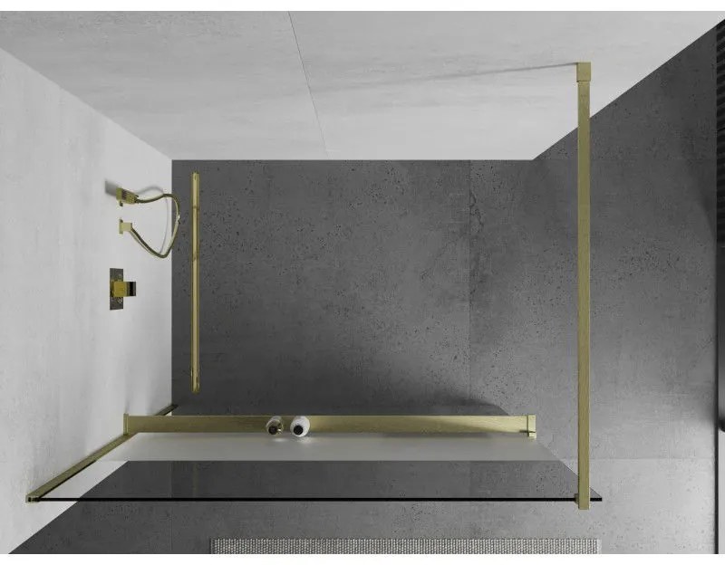 Mexen Kioto+, sprchová zástěna Walk-In s poličkou a věšákem 100 x 200 cm, 8mm čiré sklo-námraza, zlatý matný profil, 800-100-121-55-35