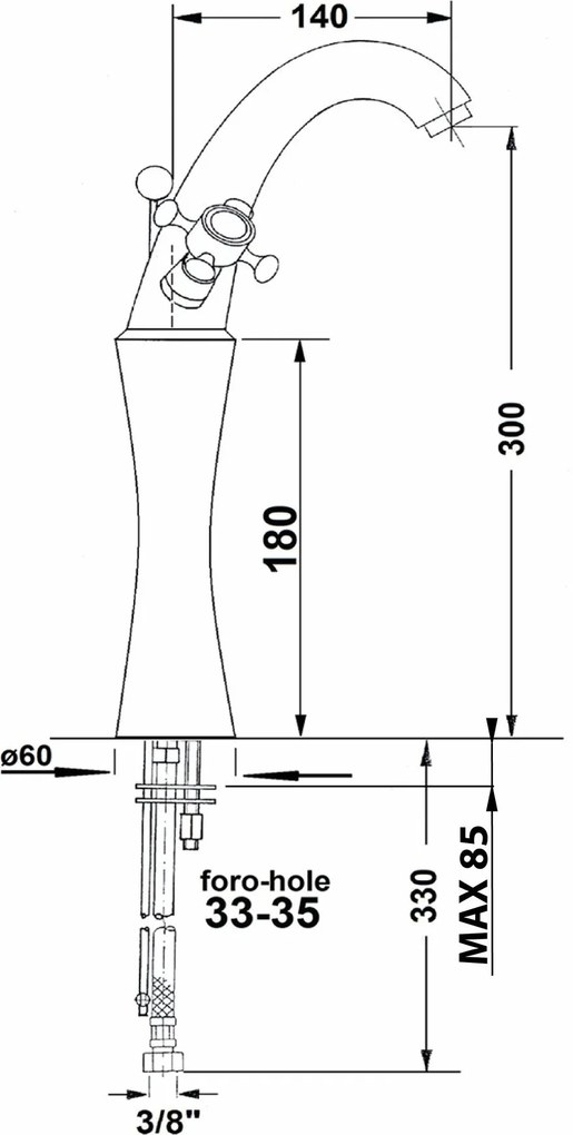 Reitano Rubinetteria ANTEA stojánková umyvadlová retro baterie vysoká s výpustí, výška 300mm, bronz 3276L