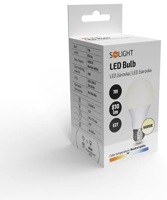 SOLIGHT LED žárovka, klasický tvar A60 7W, E27, 4000K, 270°, 810lm