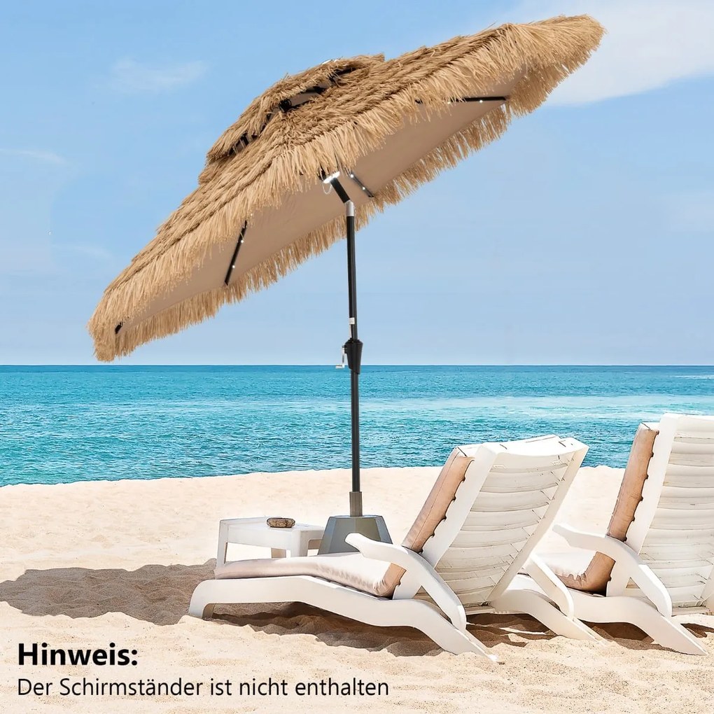 Costway Slunečník Hawaii slaměný 270 cm s LED solárním osvětlením a dvojitou