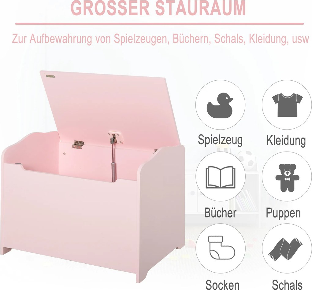 HOMCOM Dětské úložné boxy na hračky, rozměry 60L x 40W x 48H cm, s plynovým vzpěrem, MDF, růžová