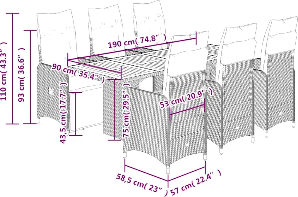 7dílný zahradní bistro set s poduškami černý polyratan 3277133