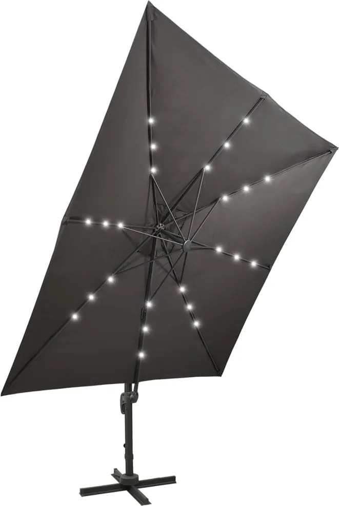 Boční zahradní slunečník s tyčí a LED světly antracitový 300 cm 312346