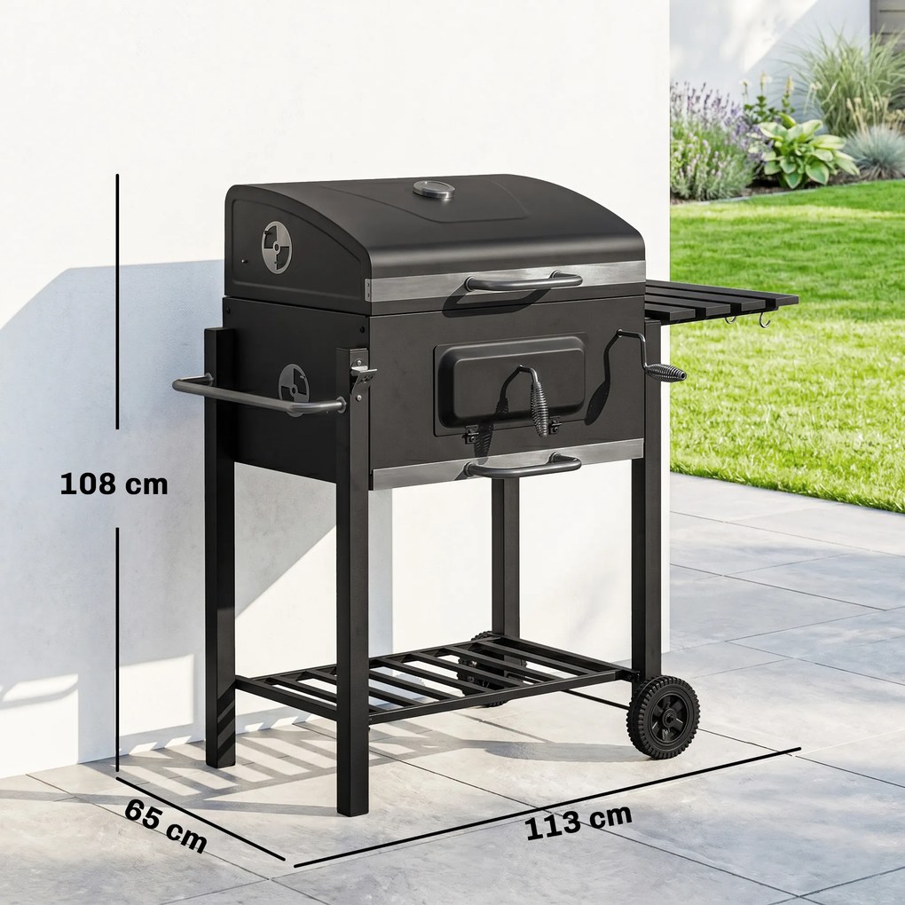 Outsunny grilovací vozík na dřevěné uhlí BBQ stojan na grilování z nerezové oceli černý 113x65x108cm pro zahradu a terasu