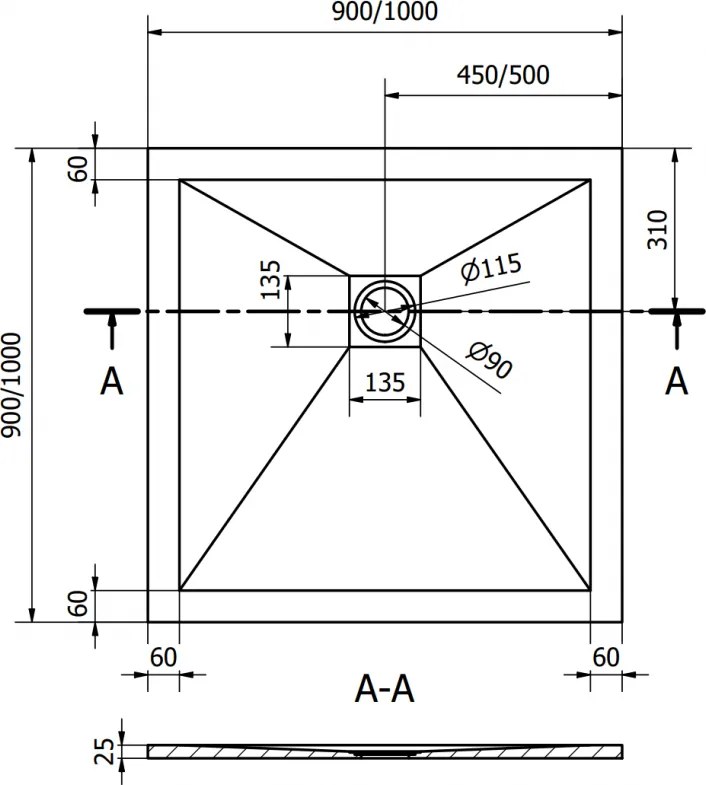 Mexen Stone+, čtvercová vanička z minerálního kompozitu 100 x 100 cm, černá, černá krytka, 44701010-B