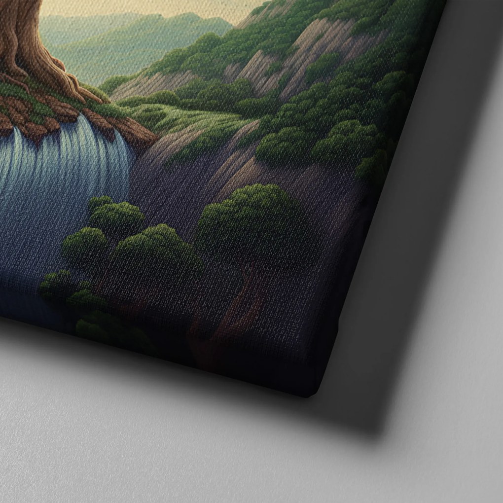 Obraz na plátně - Košatý strom života s vodopádem FeelHappy.cz Velikost obrazu: 60 x 60 cm