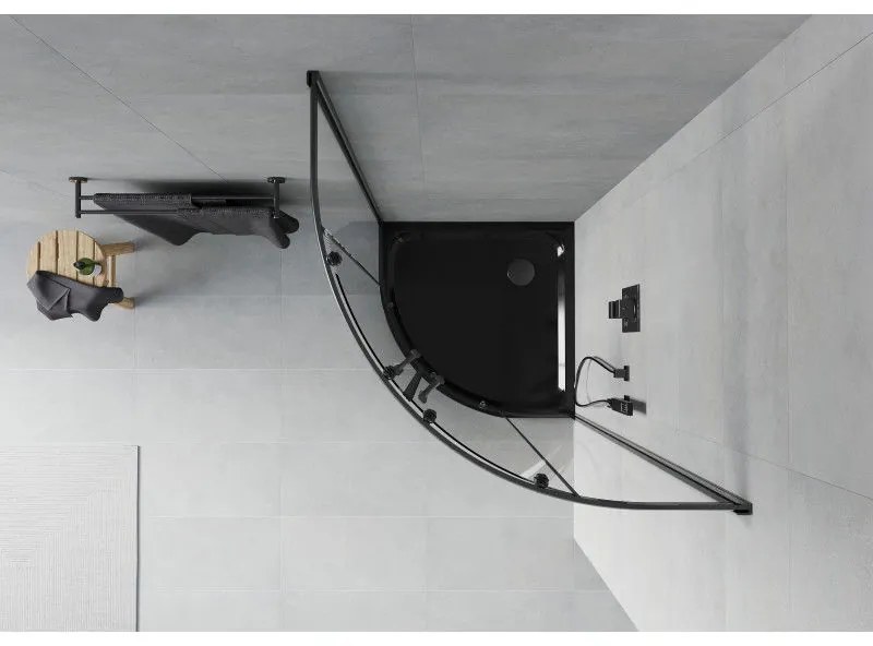 Mexen Rio, čtvrtkruhový sprchový kout s posuvnými dveřmi 80 x 80 cm, 5mm čiré sklo, černý profil + černá sprchová vanička, 863-080-080-70-00-4170B