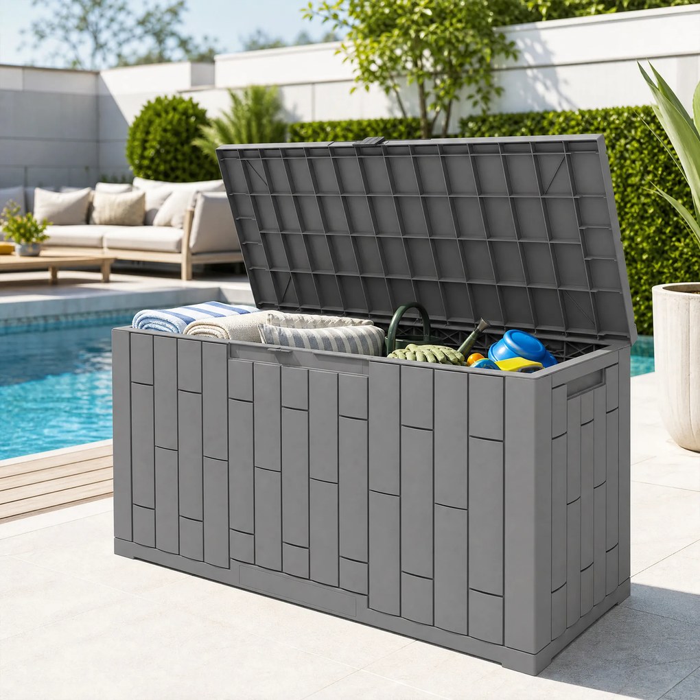 Outsunny Zahradní úložný box 227,4 l, šedý dekor dřeva