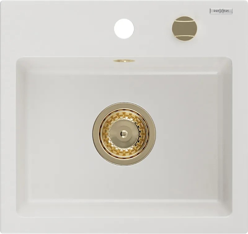 Mexen Milo granitový dřez 1-komorový 435 x 410 mm, bílý, sifon zlatý - 6505441000-20-G