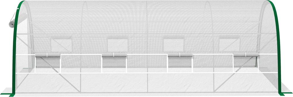 Zahradní tunelová skleník Outsunny 18m² – 6L x 3W x 2H m - 8 oken, zabalovací zipová vrata - Rám z pozinkované oceli, bílý kryt z vysoce hustého PE