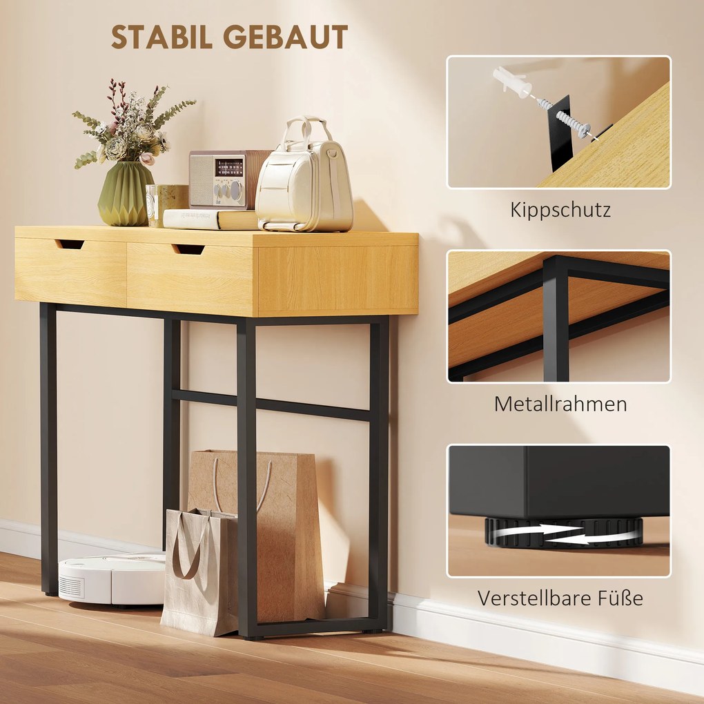 HOMCOM Úzký konzolový stolek se 2 zásuvkami, průmyslový kovový rám, přírodní – 110 × 35 × 76,5 cm