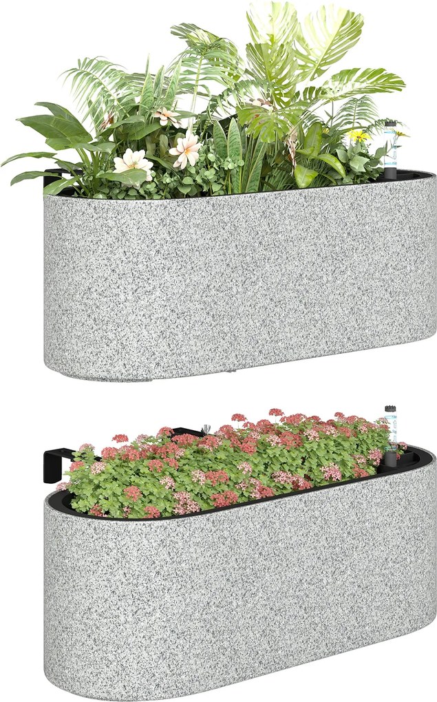 Outsunny sada 2× závěsných oválných truhlíků se samozavlažováním, vypouštěcím ventilem a háčky — 42 × 16 × 15 cm, světle šedá | Aosom