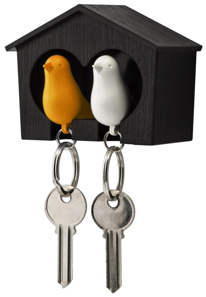 Věšáček na klíče se dvěma klíčenkami QUALY Duo Sparrow, hnědá budka/bílá+oranžová klíčenka