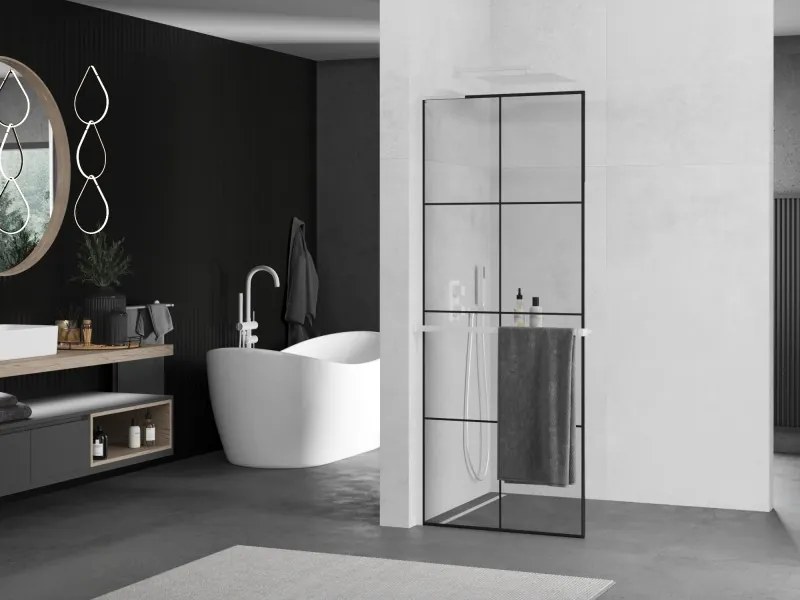 Mexen Kioto+ L, sprchová zástěna Walk-In s poličkou a věšákem 70 x 200 cm, 8mm čiré sklo černý vzor, bílý profil, 800-070-123-20-77