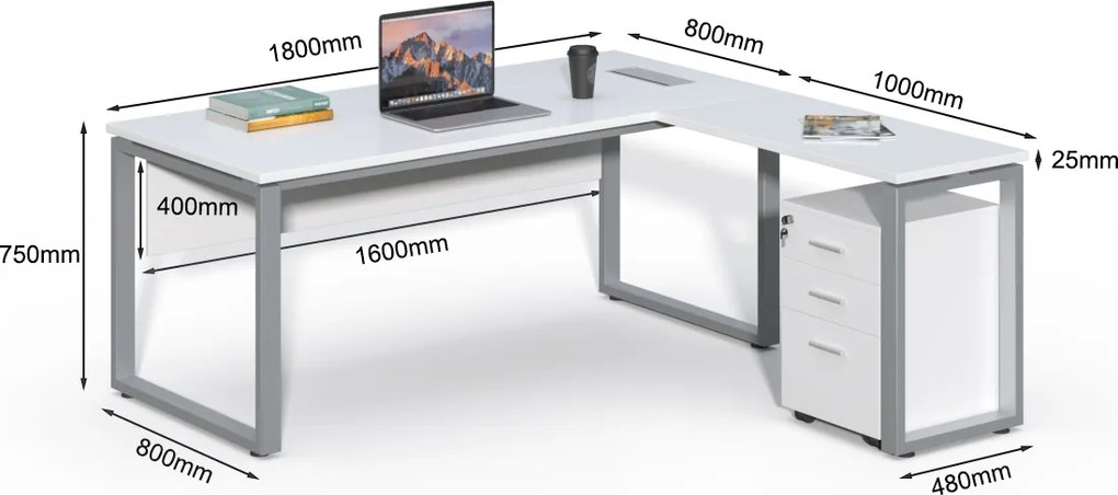 Rohový kancelářský stůl s kontejnerem Houseland Prime Home 01 180 cm bílý