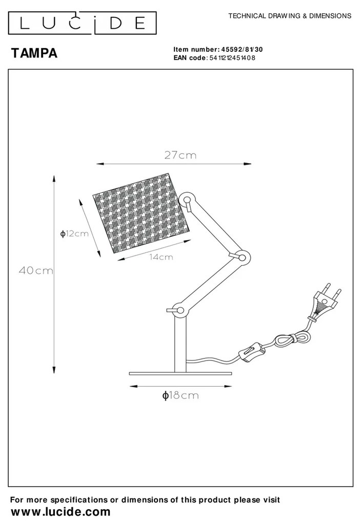 Lucide 45592/81/30 stolní lampa Tampa černá, E27, 40cm