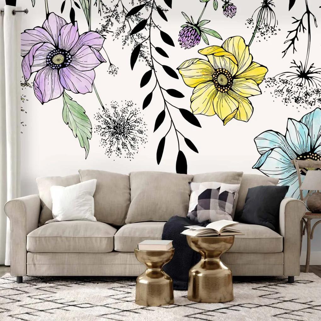 Fototapeta Grafická louka - motiv barevných polních květů v lineárním stylu