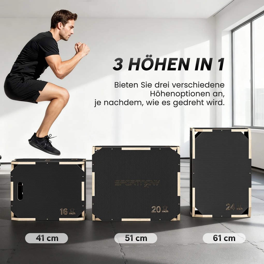 SPORTNOW 3-v-1 Plyo-box, skákací box s otvory pro uchopení, pro domácí fitness a venkovní cvičení, 3 výšky skoku, dřevo, Černá