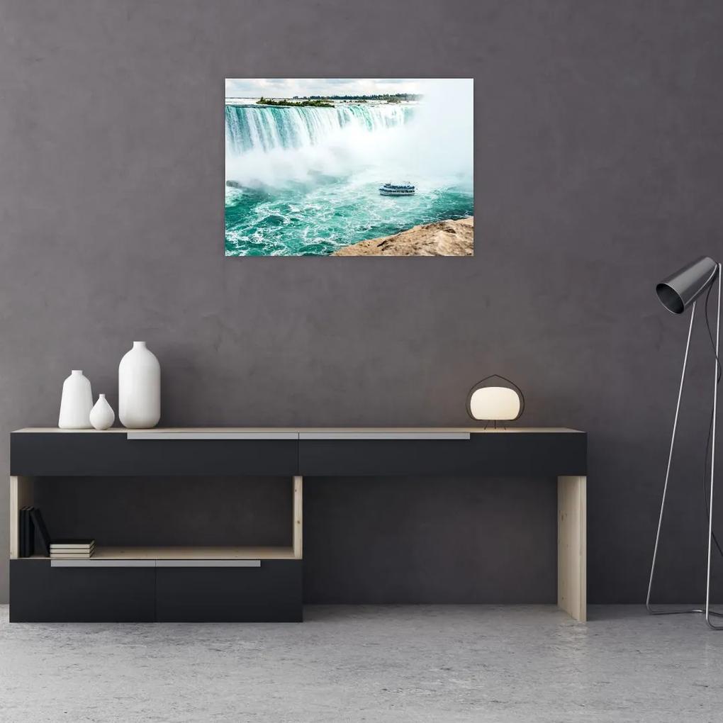 Skleněný obraz vodopádů s lodí (70x50 cm)