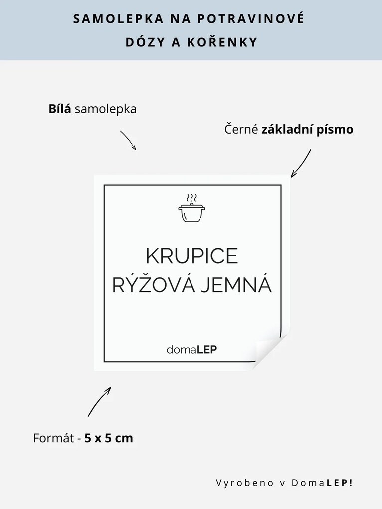 KRUPICE RÝŽOVÁ JEMNÁ– průhledná samolepka na dózu, základní písmo, 5 × 5 cm | DomaLEP