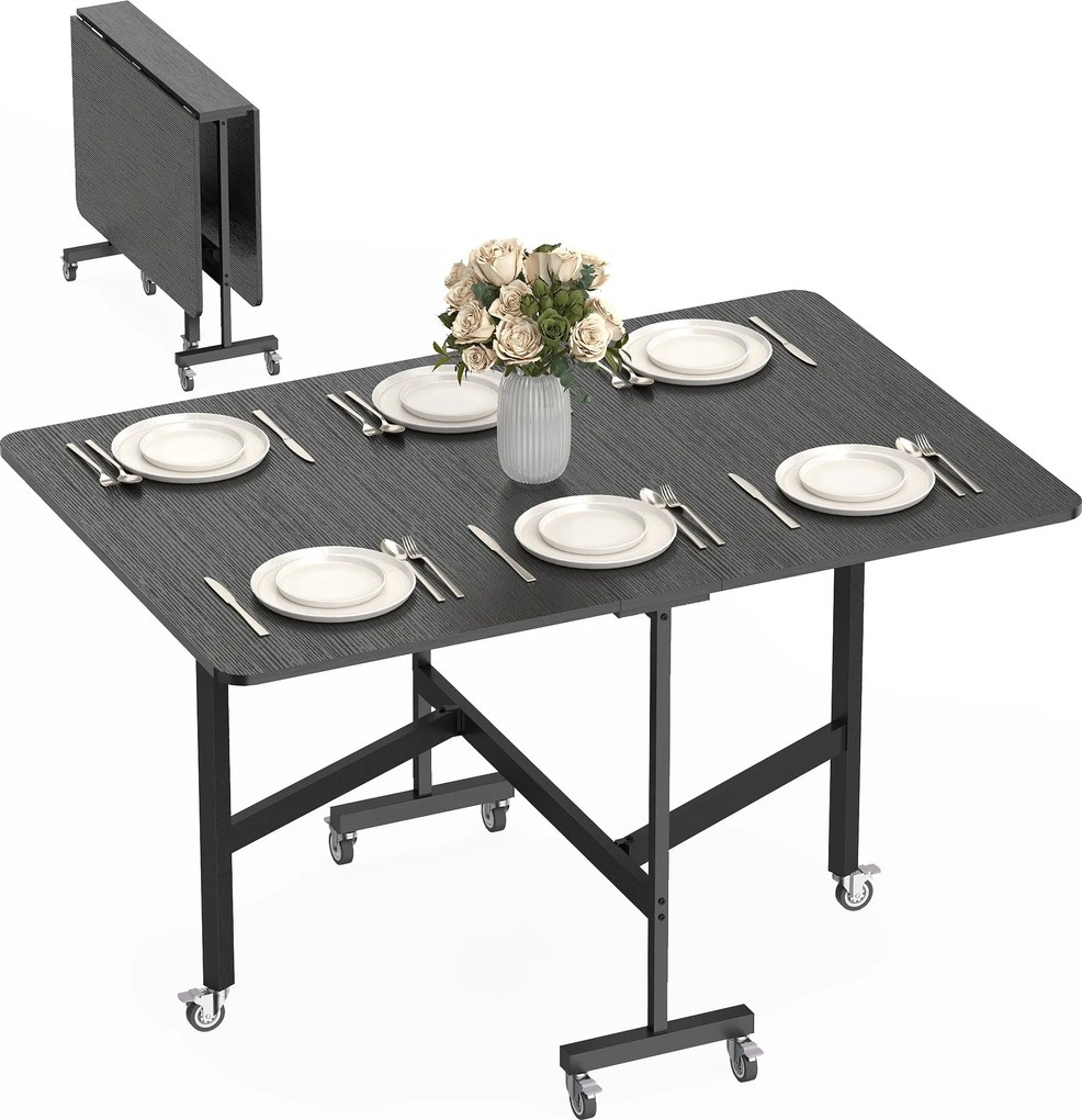 HOMCOM skládací jídelní stůl pro 4–6 osob s kolečky a sklápěcími deskami, černý, 120×80×73 cm | Aosom