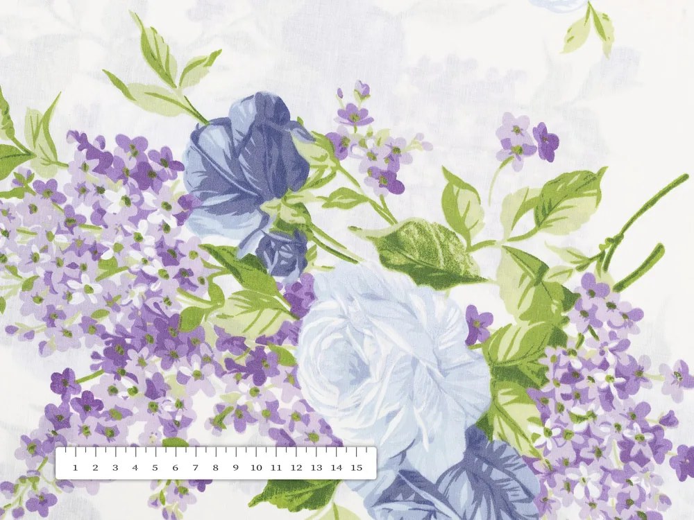 Biante Bavlněný běhoun na stůl Sandra SA-386 Modré růže a šeříky na krémovém 35x180 cm