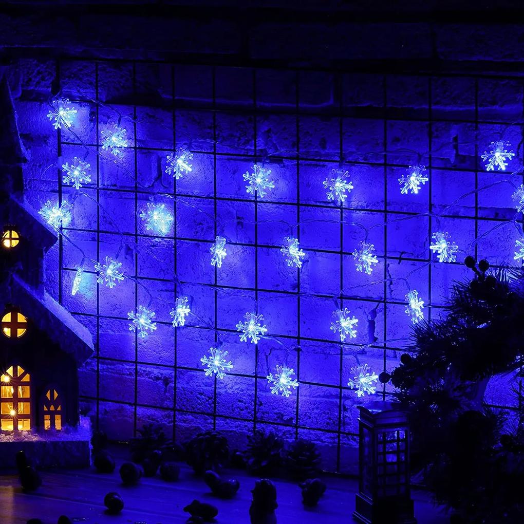 Vnitřní LED vánoční řetěz se sněhovými vločkami, modrá, 6m, 50 LED