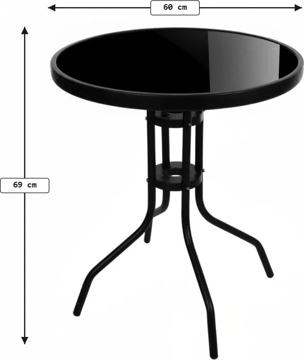 Kulatý zahradní stůl se skleněnou deskou ISLAND BLACK 60 cm, černý
