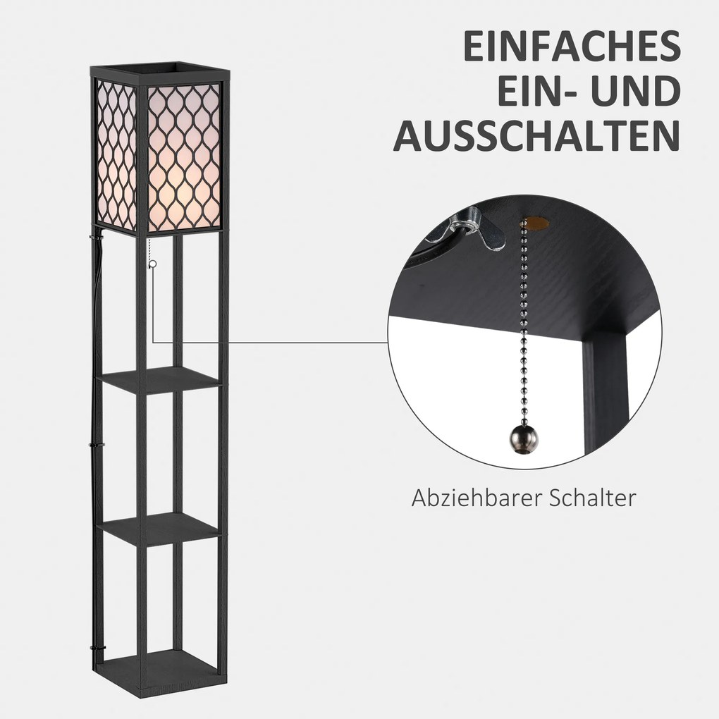 HOMCOM Stojací lampa s policemi Stojací lampa, interiérové osvětlení, E27, do 40W, do obývacího pokoje/ložnice, dřevo, černá, 26x26x160 cm| Aosom