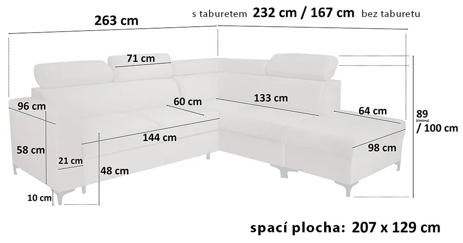 Sedací souprava DORIAN s taburetem | 232x263 cm | rozkládací + úlož. prostor | vysoký sed | VÝBĚR TKANIN