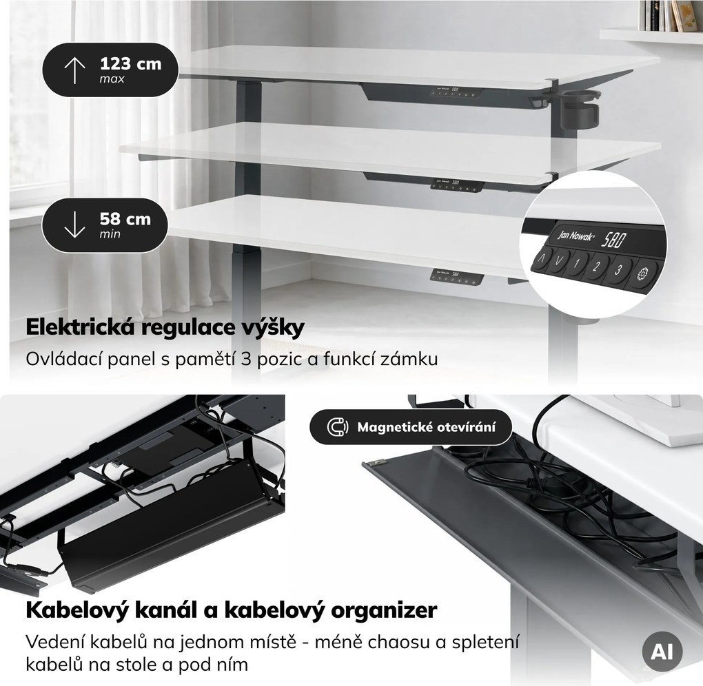 Elektrický stůl s nastavením výšky ergonomický antracitově-bílý, 1600x800 mm: ARIA